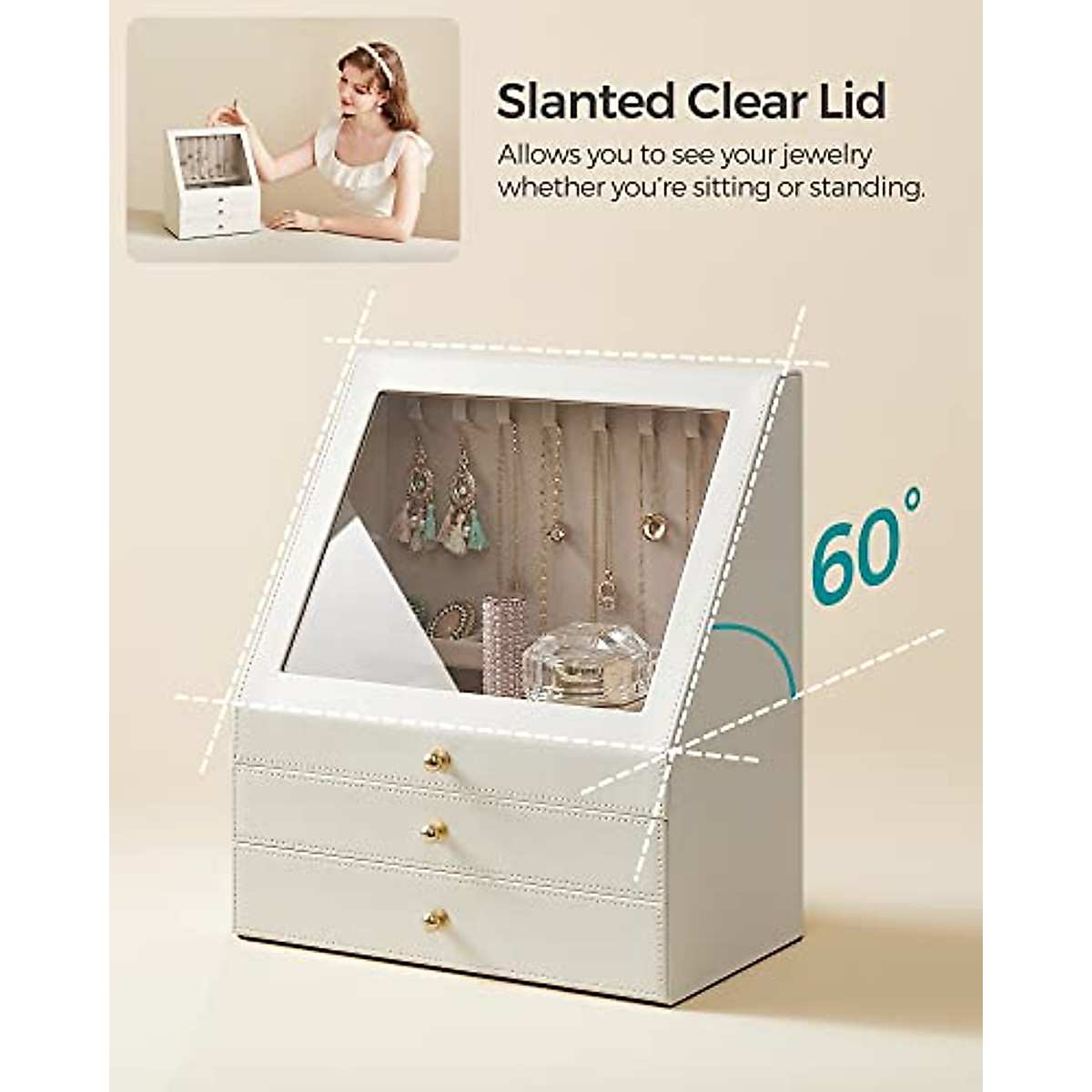 SONGMICS Jewelry Box with Slanted Glass Window, 3-Layer Jewelry Organizer, 2 Drawers, Jewelry Storage, Modern Style, Window Display, Cloud White UJBC163W01