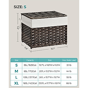 SONGMICS Storage Basket with Lid, 9.2 Gallon (35L) Storage Bin, Woven Blanket Storage Basket with Handles, Foldable, Removable Liner, Metal Frame, for Bedroom, Laundry Room, Brown URST040K01