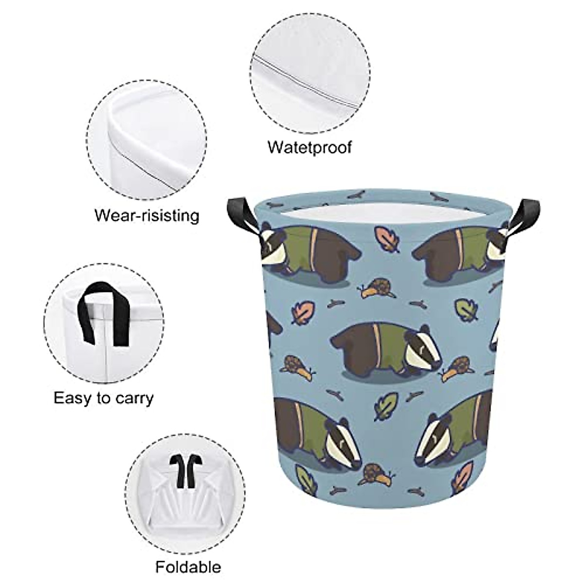 Badger and Snail Large Laundry Basket Hamper Bag Washing with Handles for College Dorm Portable