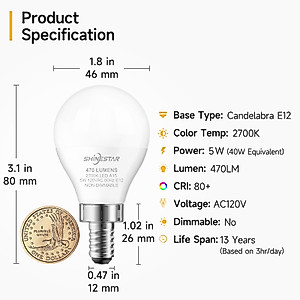 SHINESTAR 3-Pack Small Base Ceiling Fan Light Bulbs, 120v 40w Equivalent, E12 LED Bulb, 2700K Warm White, Non-Dimmable