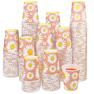 100 Pcs Disposable Cups Daisy Flower Boho Paper Cups 9 oz White Daisy Party favors Cold Beverage Drinking Supplies Summer Spring Wedding Birthday Bridal Shower Travel