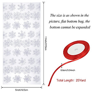 100 Pieces Winter Snowflake Bags Cellophane Holiday Treat Bags Snowflake Cookie Cellophane Bags With Ribbon for Winter Holiday Party Supplies (White Bag with Red Ribbon)