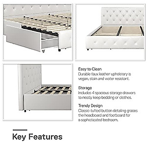 DHP Dakota Upholstered Platform Bed with Underbed Storage Drawers and Diamond Button Tufted Headboard and Footboard, No Box Spring Needed, King, White Faux Leather