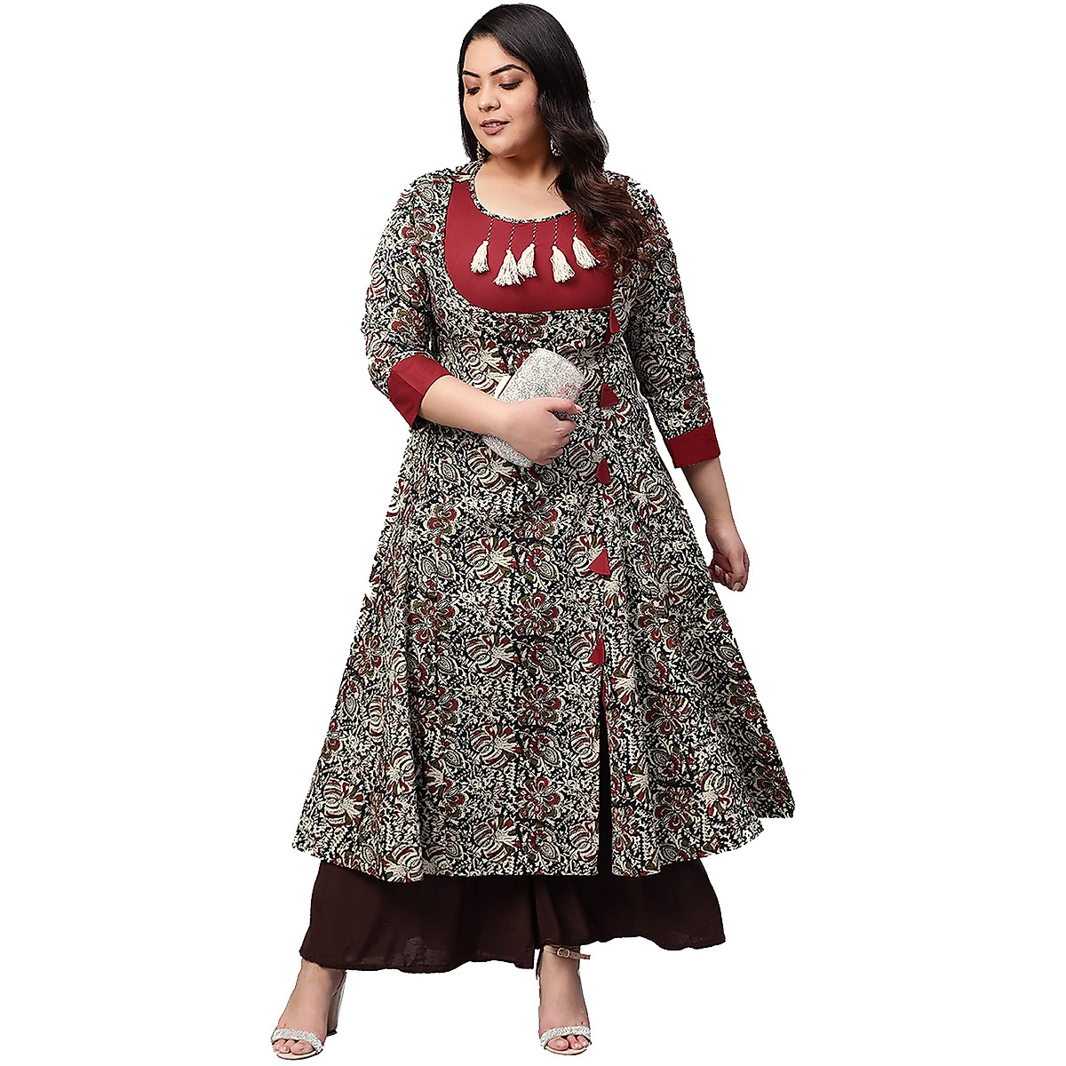 Yash Gallery Women's Cotton Angrakha Style Printed Indian Kalamkari Kurtis (Maroon., XXL)