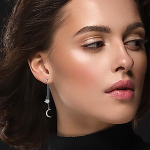 925 Sterling Silver Moon Star Earrings for Women Crescent Dangle with Cubic Zirconia Celestial Jewelry for Wedding