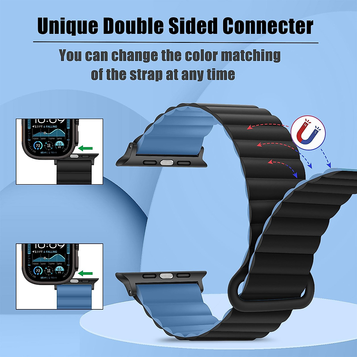 HITZEE Compatible with Apple Watch Band 49/46/45/44/42/41/40/38mm, Double Sided Silicone Magnetic Band Compatible for Apple Watch Ultra 2 Series 10 9 8 7 SE 6 5 4 (42/44/45/46/49mm, Blue Black)