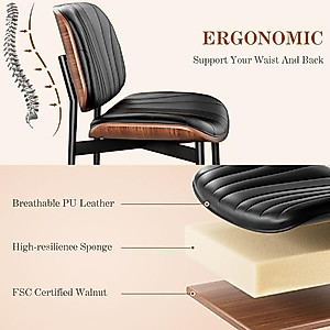 REONEY Dining Chairs Set of 2, Mid-Century Modern Upholstered PU Leather Chairs with Walnut Bentwood Back and Metal Legs Adjustable Feet for Kitchen Dining Room, Black Shell Strips