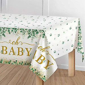 Heboland 3 Pack Sage Green Neutral Baby Shower Tablecloth Decorations, Oh Baby Large Size 54 x 108 Inch Rectangular Plastic Tablecloth Party Decor
