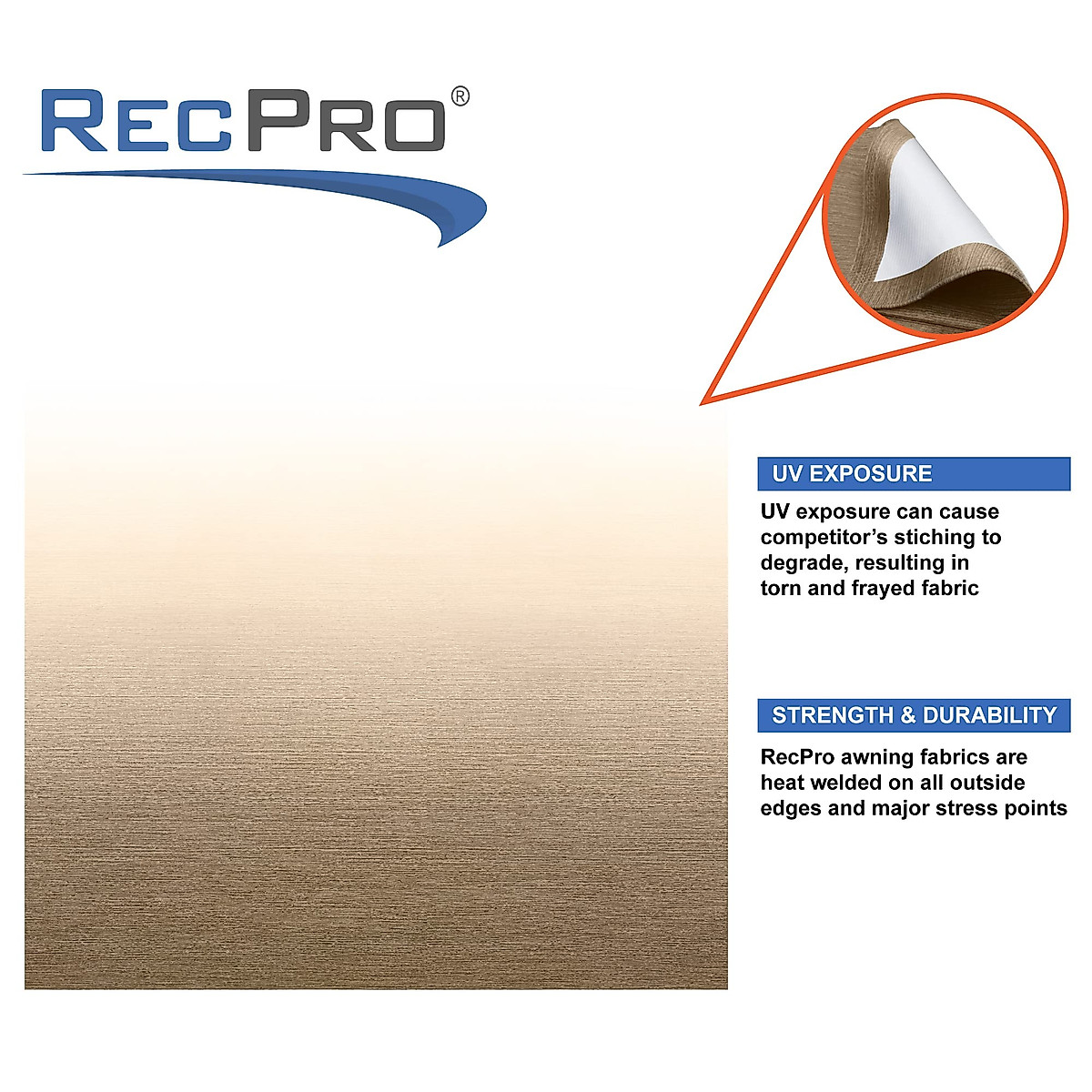 RecPro RV Awning Fabric Replacement | Width Options from 8 to 22 Feet | Variety of Color Options | 8' (96") Length RV Awning Replacement | Premium Vinyl (18' - Actual Width 17' 1", Tan/Camel Fade)