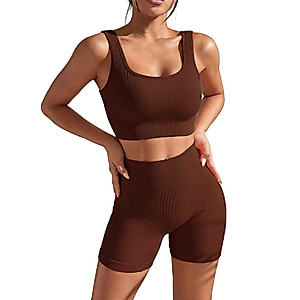ABOCIW Womens Ribbed 2 Piece Outfits Shorts Sets Removable Padded Tank Crop Top and Seamless High Waist Running Biker Shorts Sets Activewear Brown Small