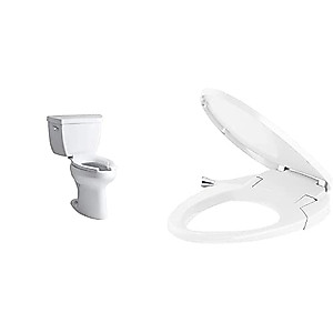KOHLER 3493-0 Highline Classic Pressure Lite Comfort Height Elongated 1.6 gpf Toilet with Left-Hand Trip Lever, White & Purewash Elongated Manual Bidet Toilet Seat, White Quiet-Close Lid, 98804-CP-0
