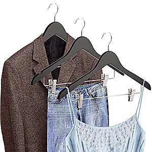 Tosnail 12-Pack Wooden Pants Clothes Hangers, Wooden Suit Hangers with Steel Clips and Hooks, Natural Solid Wood Collection Skirt Hangers, Standard Clothes Hangers - Black