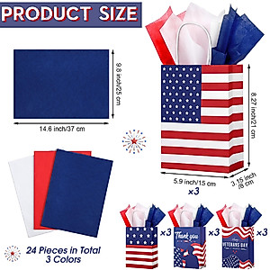 MIMIND 12 Pieces Veterans Day Gift Bags with Handle Patriotic Gift Bags with 24 Red Blue White Tissue Paper Thank You Veterans Goodie Gift Treat Bags for Veterans Day Memorial Day Independence Day