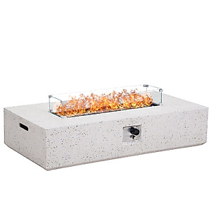 Essential Lounger 56 Inch Firepit Table for Outside, 50,000 BTU Rectangular Concrete Outdoor Firepit Tables with Wind Guard,Waterproof Cover,Lava Rocks,Side Handles,Big Propane Gas Fire Table - Grey