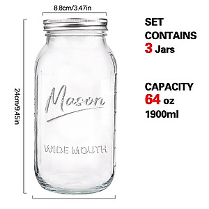 Galssmagic 64 oz Mason Jar Wide Mouth,3 Pack Large Half Gallon Mason Jars with Airtight Lid,Big Glass Jars for Canning,Pickling,Fermenting,Storing