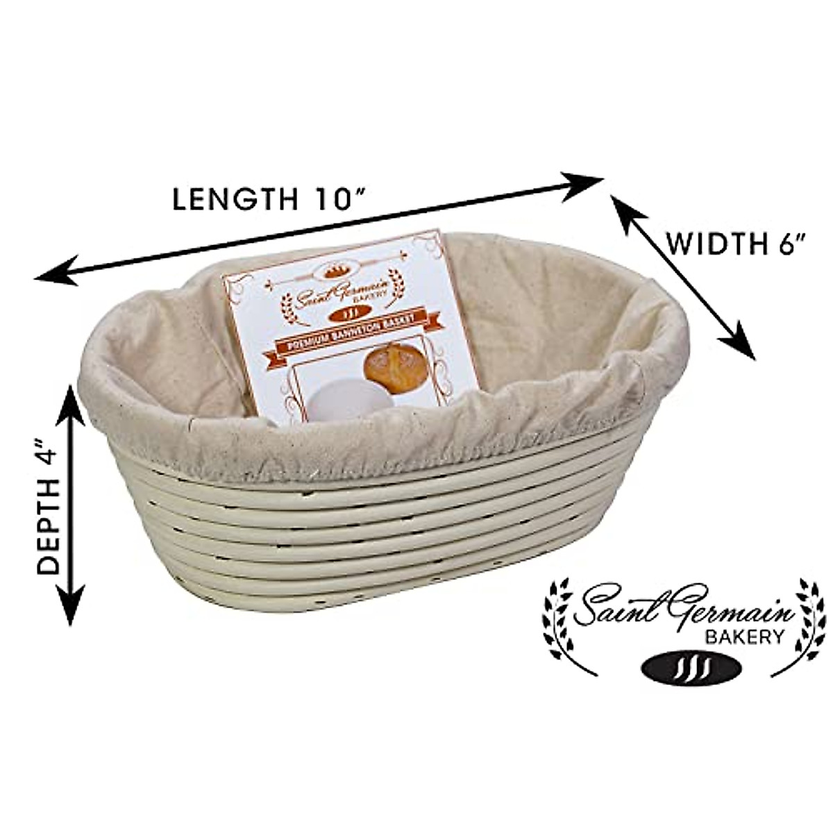 Saint Germain Bakery Premium Round Bread Banneton Basket with Liner - Perfect Brotform Proofing Basket for Making Beautiful Bread (10 inch Oval)