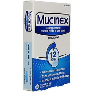 Chest Congestion, Mucinex Expectorant 12 Hour Extended Release Tablets, 20ct, 600 mg Guaifenesin with Extended Relief of Chest Congestion Caused by Excess Mucus. Thins and Loosens Mucus (Pack of 3)