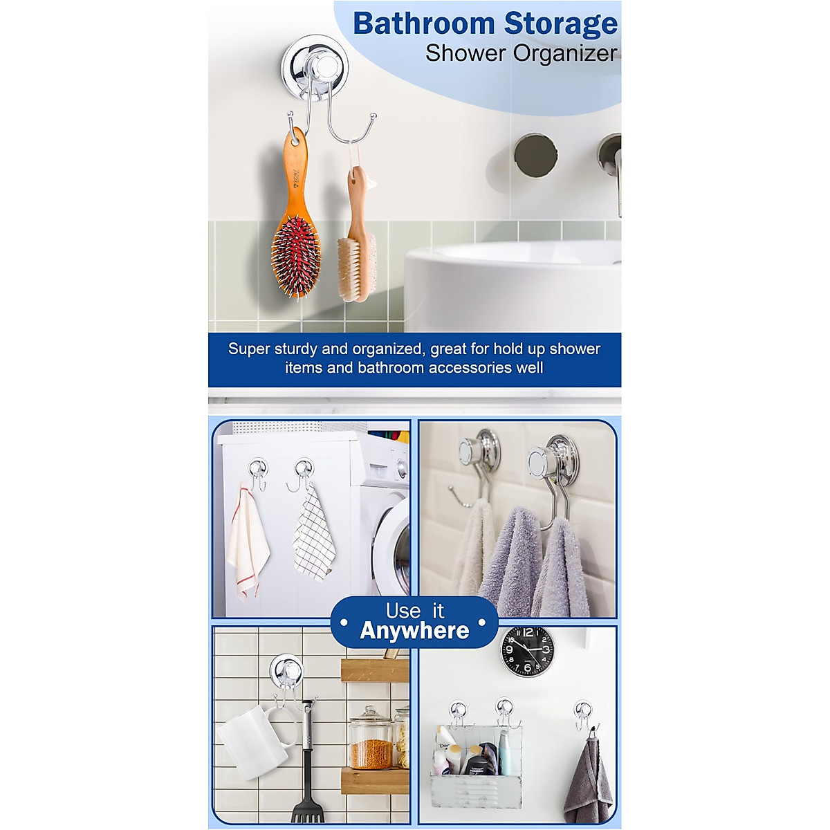 HOME&I Double Vacuum Suction Cup Hooks for Shower Loofah Towel Washcloth, Bathrobe,Stainless Steel 2 Pack (2 Pack)