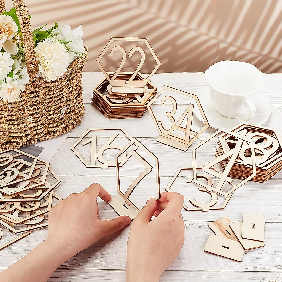 OLYCRAFT 40 Pcs Wooden Table Numbers Wooden Table Number Sign Stand 1~40 Wedding Table Numbers Wooden Hexagon Table Numbers Double Sided Sign for Wedding Party Table Card Stand Decoration