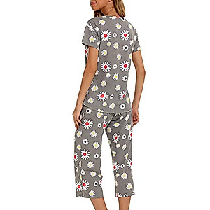ENJOYNIGHT Women's Pajama Short Sleeve Sets Top with Capri Pants Sleepwear Sets Loungewear(X-Large,Flower)