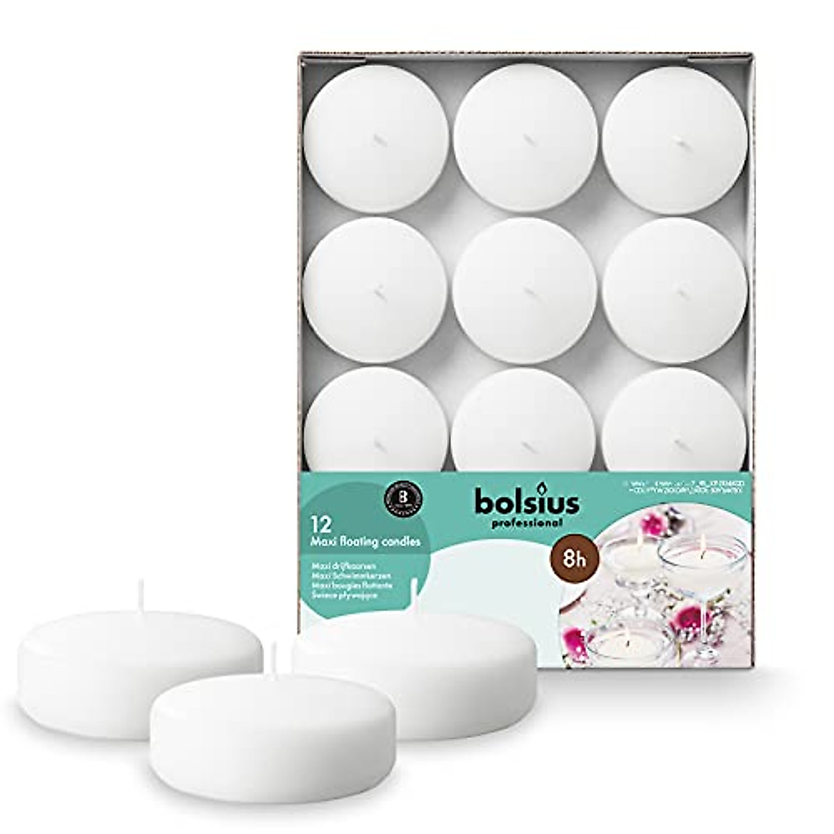 BOLSIUS Unscented Floating Candles - Pure Rich Creamy 3" White, Set Of 12 - European Quality - Imbue Breathtaking Ambiance for Romantic Wedding Centerpieces, Decorations, Events, Pool, Holiday Parties