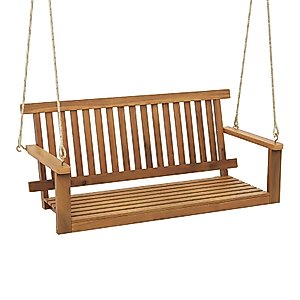 Tangkula 2 Person Hanging Porch Swing, Wooden Patio Swing with 2 Hanging Hemp Ropes, Slatted Seat & Back, 800Lbs Acacia Wood Outdoor Swing Bench for Backyard Deck Garden