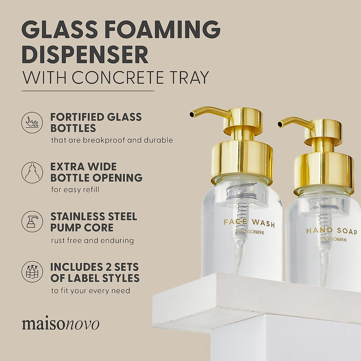 MaisoNovo Foaming Soap Dispenser with Concrete Tray - Hand Soap Refills for Foaming Dispenser - Clear Foaming Dispensers w.Tray 14 oz - 4 Mix Tablets