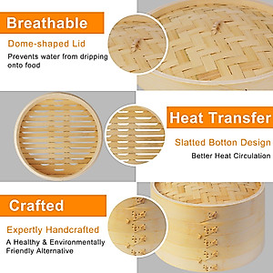 Bamboo Steamer Basket, 2-Tier Dumpling Steamer for Cooking, Bamboo Steamer 10 Inch Vegetable Steamer, Food Steamer for Meat, Dim Sum, Bao Bun, Fish, Rice, HOFHTD Wood Cooking Steamer Basket