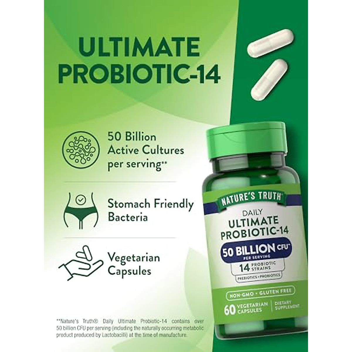 Nature's Truth Probiotic 50 Billion CFU | 200mg Prebiotics | 60 Capsules | Vegetarian, Non GMO & Gluten Free Supplement for Men and Women | Supports Digestive Health