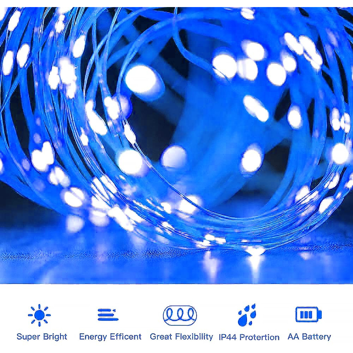 koopower 2 Pack Solar String Lights UL Certified, 33ft 8 Modes Copper Wire Blue Lights Solar/Battery Powered Outdoor String Lights Waterproof Fairy Lights for Xmas Tree Garden Home Ambiance Wedding