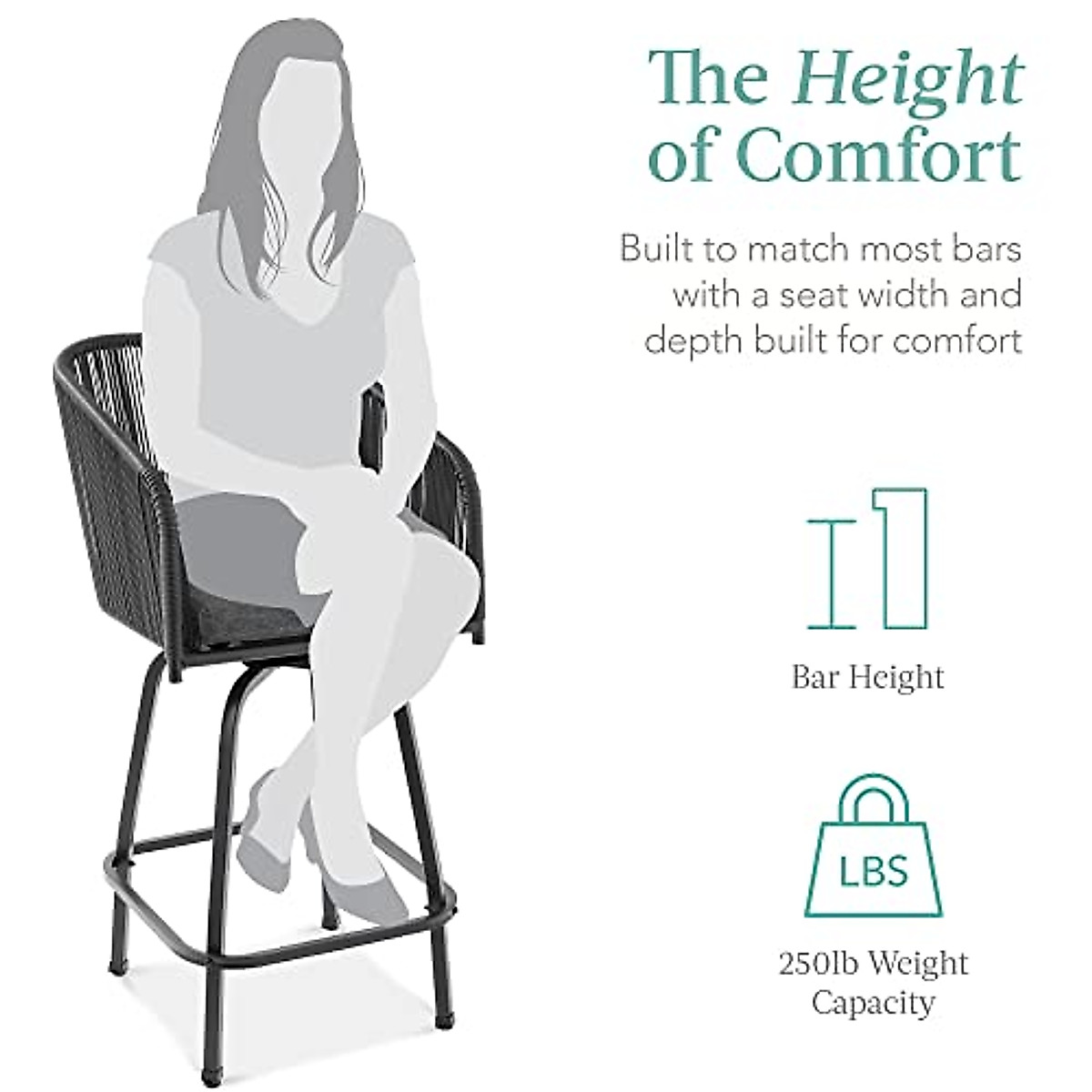 Best Choice Products Set of 2 Woven Wicker Swivel Bar Stools, Patio Bar Height Chair for Backyard, Pool, Garden, Deck w/ 360 Rotation, 250lb Capacity - Black/Gray