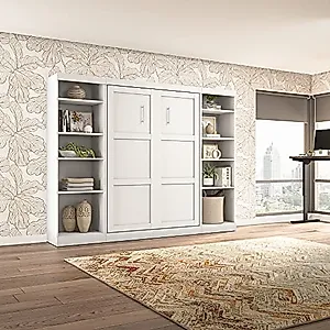 Bestar Pur Full Murphy Bed with 2 Shelving Units, 109-inch Space-Saving Wall Bed with Storage