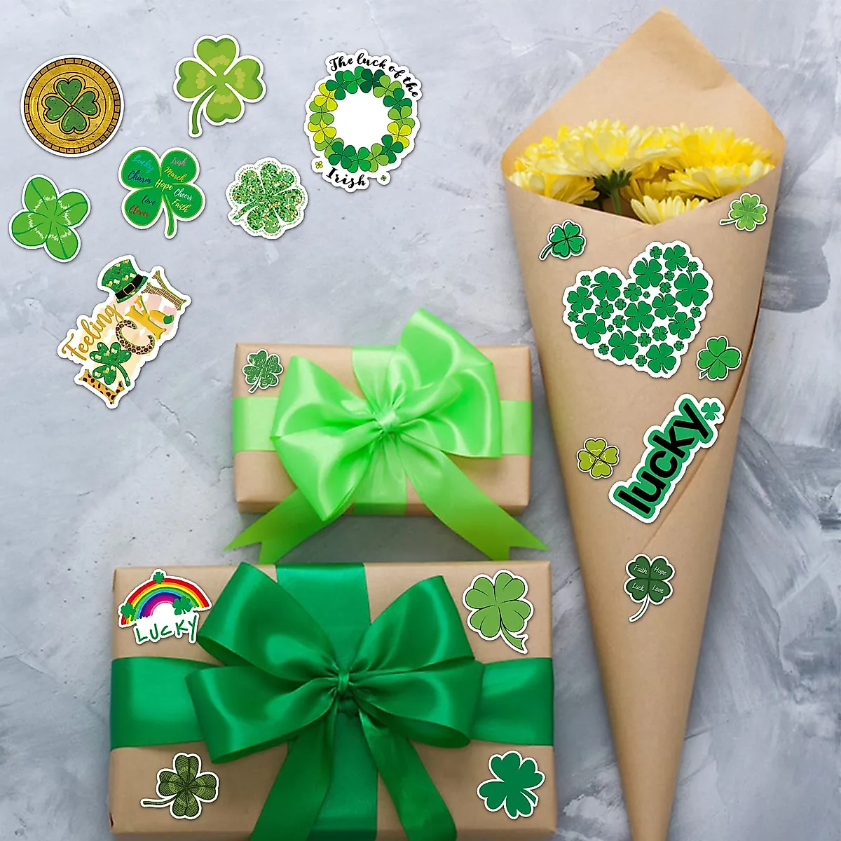 FAMYGFT St Patricks Day Stickers for Kids & Adults 50PCS Shamrock Stickers Waterproof 4 Leaf Clover Sticker Green Irish Self-Adhesive Gift Labels Water Bottle Sticker Decals Classroom Party Decoration