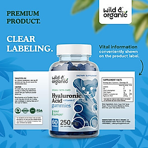 Hyaluronic Acid Gummies 250mg - Pure Hyaluronic Acid Supplements for Joints - Hair Skin and Nails Gummies w/Hyaluronic Acid Powder - Skin Supplement w/Vitamin C Hyaluronic Acid - 60 Vegan Chews