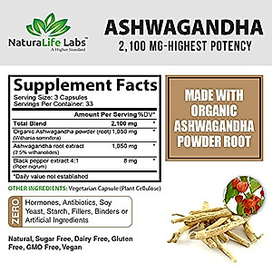 Organic Ashwagandha 2,100 mg - 100 Vegan Capsules Pure Organic Ashwagandha Powder and Root Extract - Stress Relief, Mood Enhancer, Immune & Thyroid Support