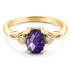 18K Yellow Gold Plated Silver Purple Amethyst and White Moissanite 3-Stone Rings For Women (1.28 Cttw, Gemstone February Birthstone, Oval Checkerboard 8X6MM, Available In Size 5, 6, 7, 8, 9)