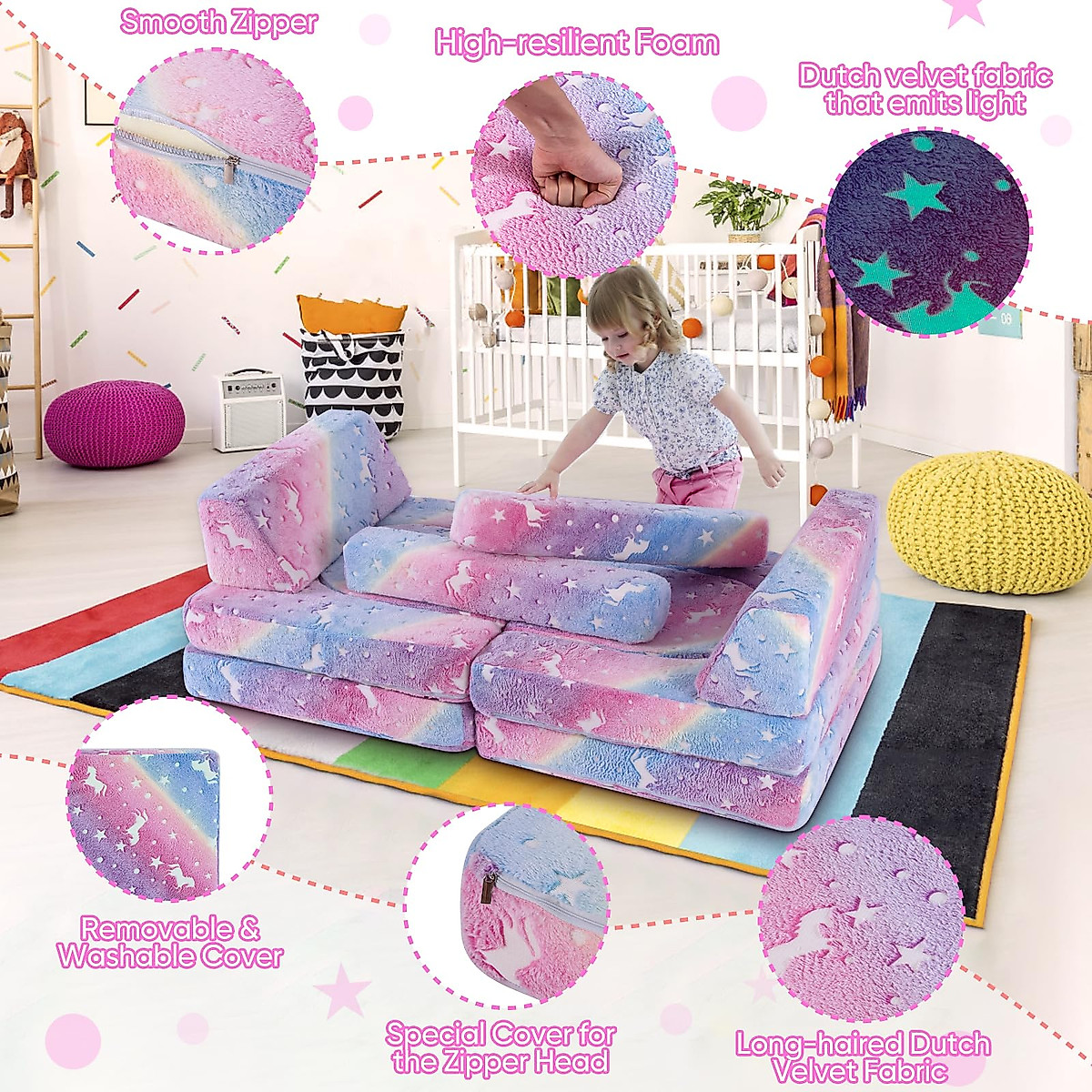 13 PCS Kids Play Couch, Modular Kids Play Couch Set,Glowing Toddler Couch, Kid Play Couch Sofa for Playroom and Bedroom (Rainbow)