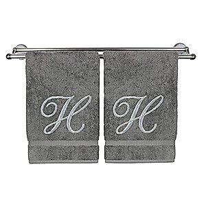 Monogrammed Washcloth Towel, Personalized Gift, 13x13 Inches - Set of 2 - Silver Script Embroidered Towel - Extra Absorbent 100% Turkish Cotton - Soft Terry Finish - Initial H Gray