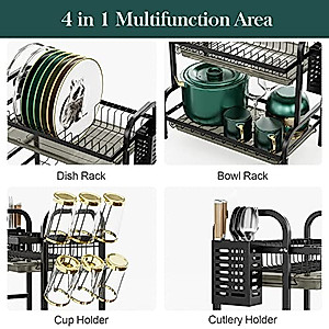 iSPECLE Dish Drying Rack for Kitchen Counter 2 Tier Dish Rack with Cup Holder, Dish Drainer with Drainboard and Utensil Holder Large Capacity for Small Kitchen Countertop Saving Space