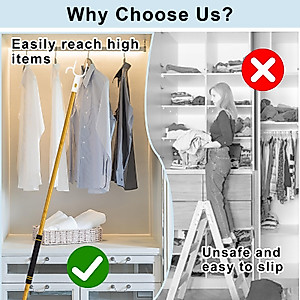 Greeily Clothes Hanger Reaching Hook, Garment Hook Reach Pole for Hanging Clothes Closet Bird Feeders Plants and Christmas Light Extendable from 31" to 61" with Sponge Handle (White Plastic Hook)