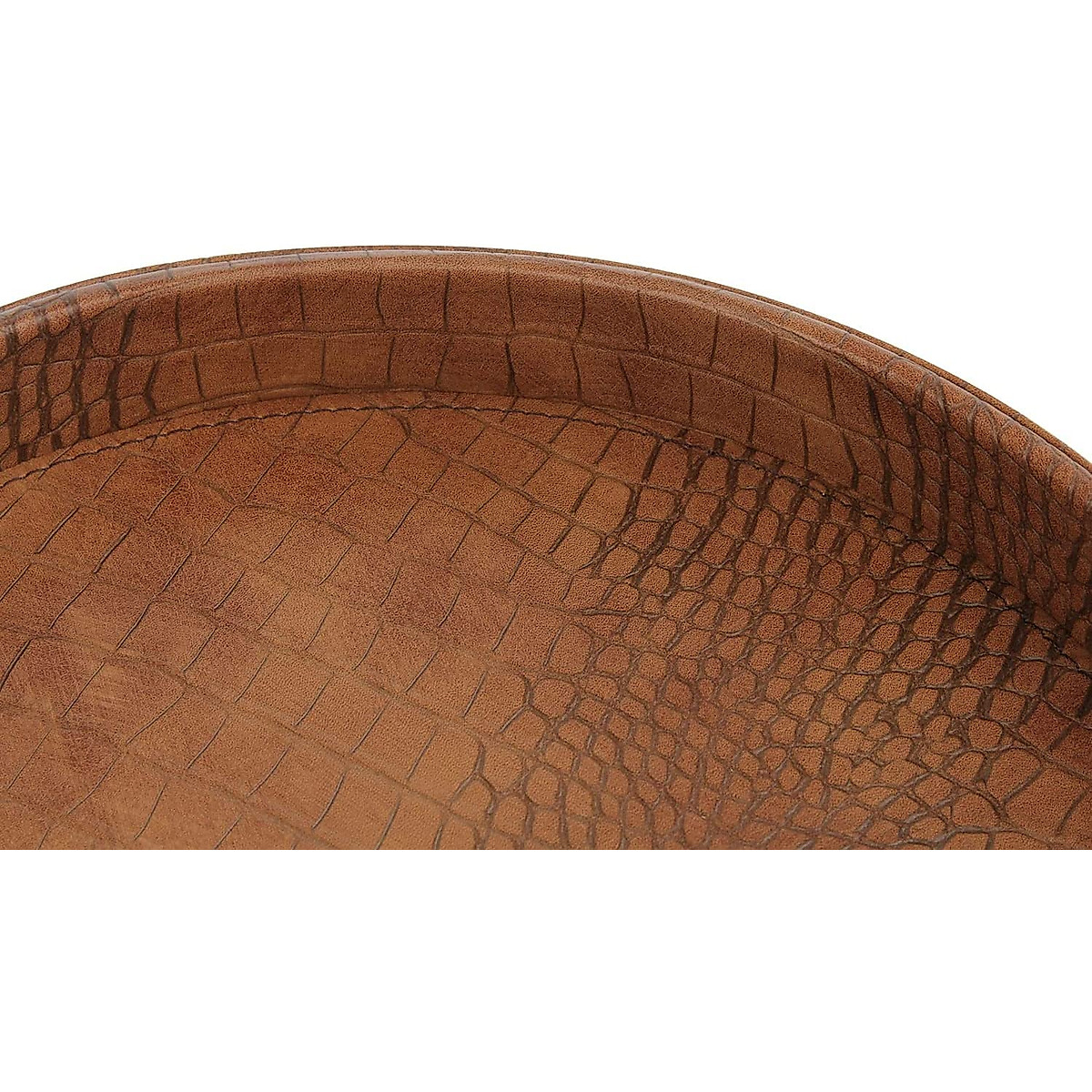 HofferRuffer Faux Leather Round Serving Tray, Vegan Croco Leather Decorative Tray, Food Tray for Storage Drinks, Snack & Cosmetics, Dia.12'' x 1.6'' (Antique Brown)