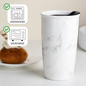 ANTIS'S HOME Ceramic Coffee Mug with Lid, Marble Double Wall Coffee Travel Mug Ceramic Tumbler 12 oz, Reusable Tall Cup, Splash Resistant Lid, Dishwasher Microwaveable Safe