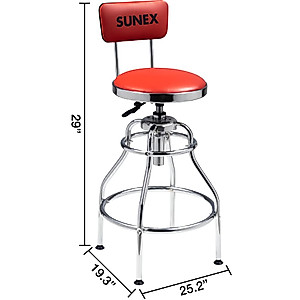 SUNEX TOOLS 8516 Hydraulic Shop Stool, High-Polished Chrome Finish, Hydraulic Seat Adjustment, Vinyl Padded Adjustable Seat and Backrest, Slip Resistant Feet, 250-Pound Capacity, Silver
