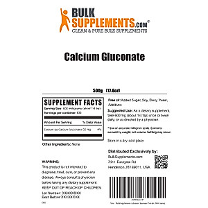 BulkSupplements.com Calcium Gluconate Powder - Calcium Gluconate Supplement - Calcium Powder Supplement - Calcium Supplement - 600mg (55mg Calcium) per Serving (500 Grams - 1.1 lbs)