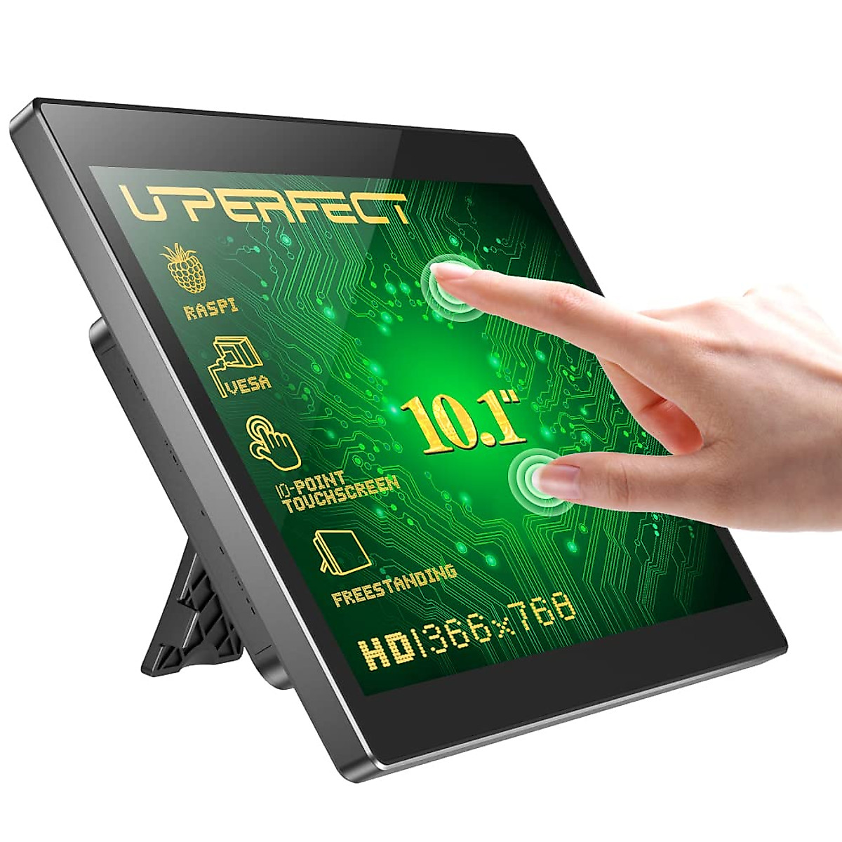 UPERFECT Raspi Touchscreen Monitor with Case & Fan & Stand 10.1’’ 1366 * 768 Ultra Wide 370Nits IPS Screen for Raspi 3/4/4b/5, w/10-Point Touch, VESA, Dual Speakers, Type-C & HDMI Ports