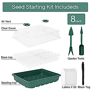 HOXHA 8 Pack Seed Starter Tray Kit, 384 Cell Indoor Seedling Starting Trays with Humidity Dome Base Mini Greenhouse Plant Germination Set for Seeds Growing, 8 Pack 48 Cell