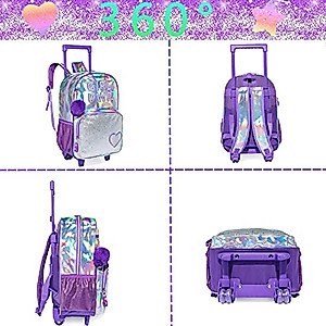 HTgroce 3PCS Purple Rolling Backpack for Girls, Girls Glitter Bookbag with Roller Wheels, Kindergarten Wheeled Backpack for Girls with Lunch Box