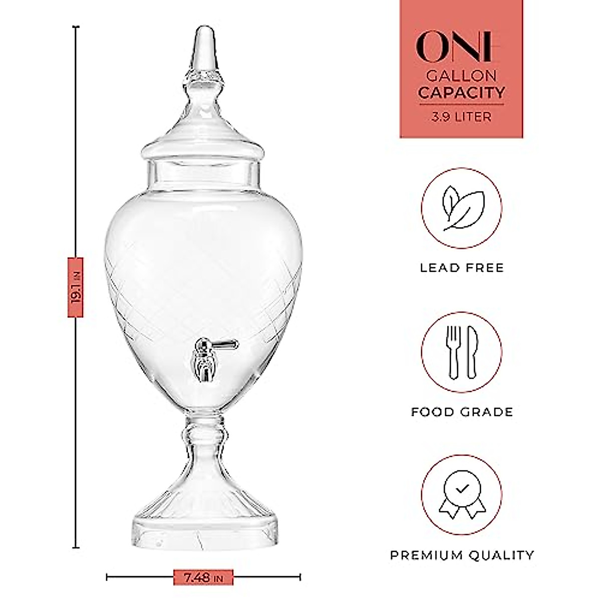 Fifth Avenue Crystal Beverage Dispenser for Countertop - 1 Gallon Large Glass Drink Dispenser w/Spigot & Lid - Party Drink Dispenser for Sweet Tea Lemonade Punch Water, Juice Dispensers for Parties