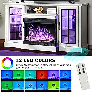 oneinmil Fireplace TV Stand with 3-Sided Glass Electric Fireplace,59'' Modern Media Entertainment Center with Farmhouse Glass Door Storage Cabinet, TV Cabinet for TVs up to 65",for Living Room,White