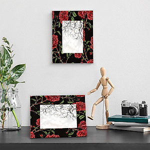 POFATO Skull Red Roses Stems 4x6 Picture Frame Wood Photo Frame for Tabletop Display Wall Mount Picture Frame Display 4x 6 Inch Photo Wall Decor Home Gift Frames